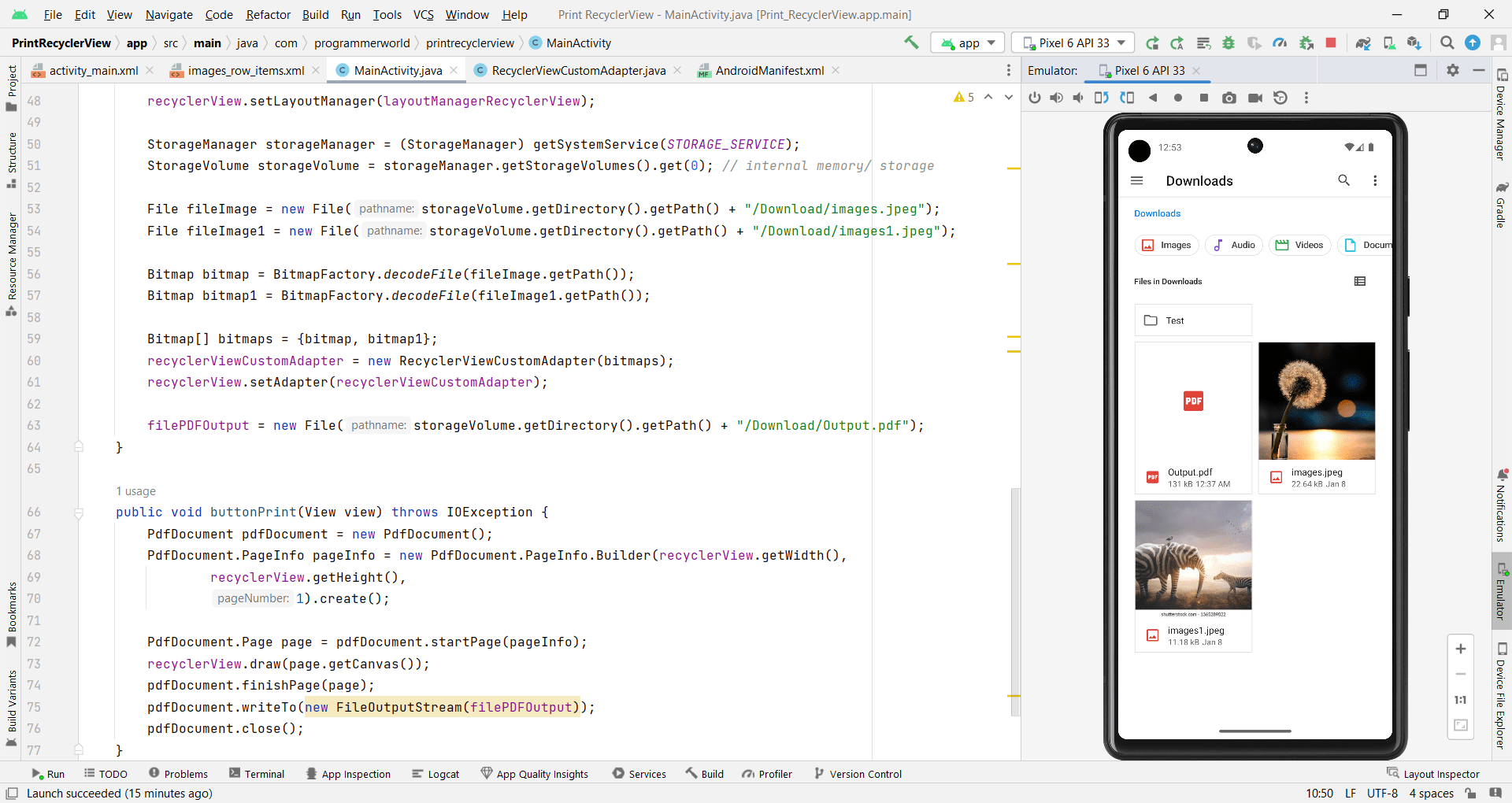 How To Print Recyclerview Content In A Pdf File From Your Android App Android 13 Api 33